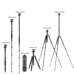 K&F Concept 78 inch/198cm Camera Tripod,3 Sections Central Axis Travel Tripod with 32mm Metal Ball Head Load Capacity 26.4 lbs/12KG for DSLR Cameras Indoor Outdoor Use