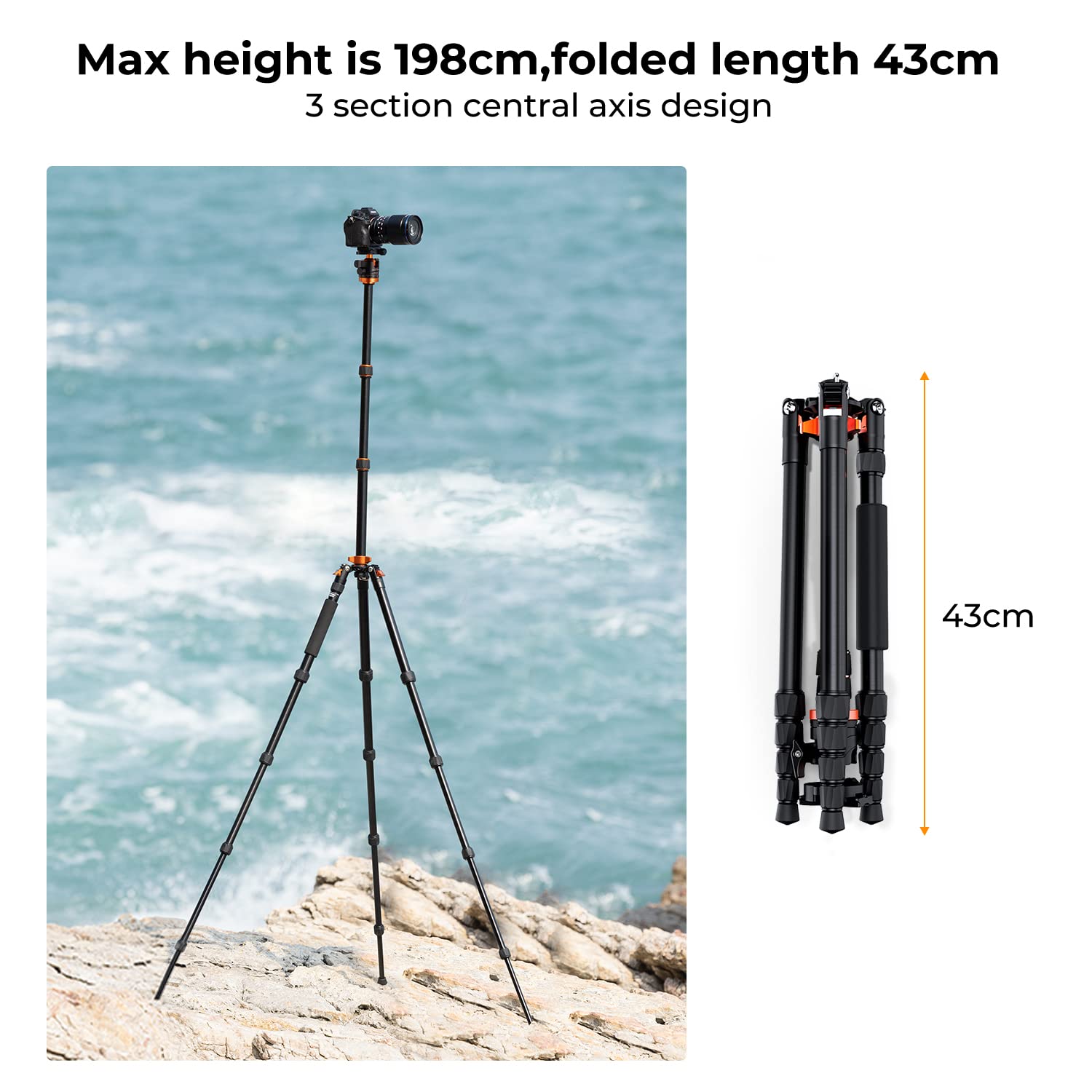 K&F Concept 78 inch/198cm Camera Tripod,3 Sections Central Axis Travel Tripod with 32mm Metal Ball Head Load Capacity 26.4 lbs/12KG for DSLR Cameras Indoor Outdoor Use