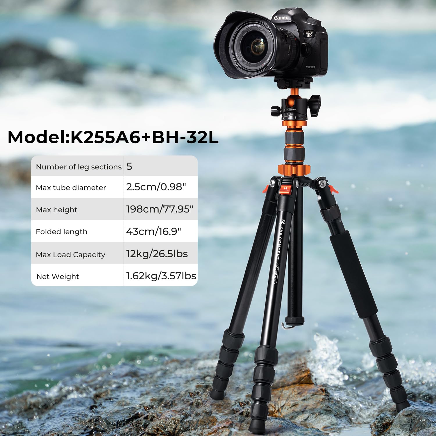 K&F Concept 78 inch/198cm Camera Tripod,3 Sections Central Axis Travel Tripod with 32mm Metal Ball Head Load Capacity 26.4 lbs/12KG for DSLR Cameras Indoor Outdoor Use