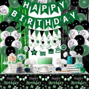 green and black party decorations for men women, green birthday decorations for boys girls, 63pcs happy bday party supplies with tablecloth foil fringe curtains balloons hanging swirls decor