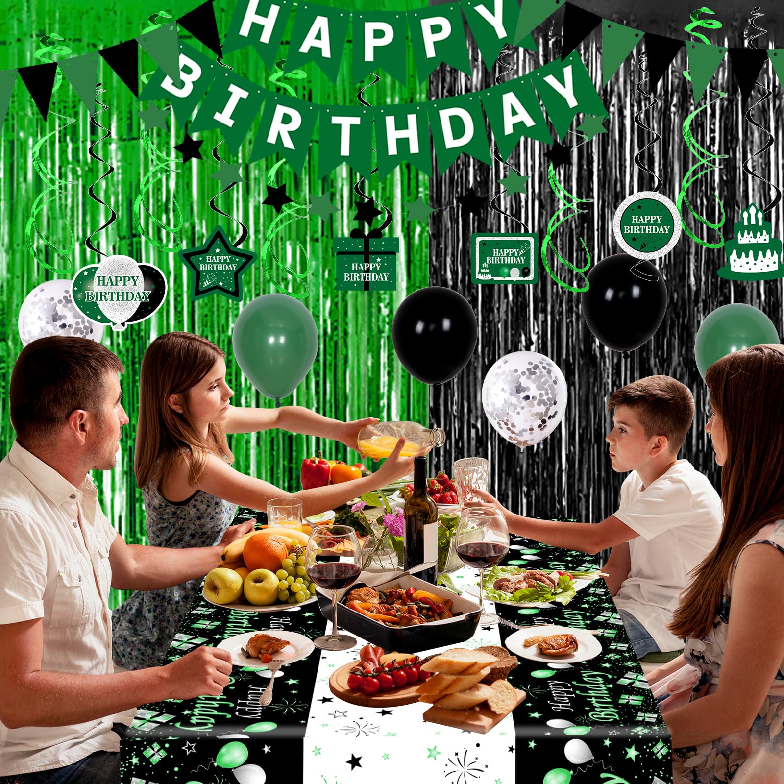 Green and Black Party Decorations for Men Women, Green Birthday Decorations for Boys Girls, 63pcs Happy Bday Party Supplies with Tablecloth Foil Fringe Curtains Balloons Hanging Swirls Decor