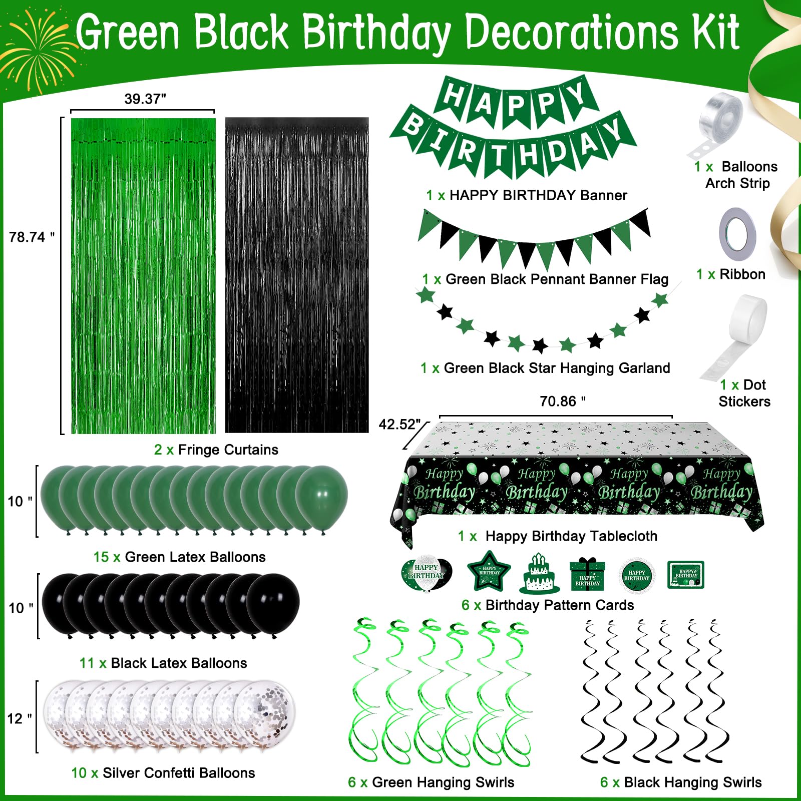 Green and Black Party Decorations for Men Women, Green Birthday Decorations for Boys Girls, 63pcs Happy Bday Party Supplies with Tablecloth Foil Fringe Curtains Balloons Hanging Swirls Decor