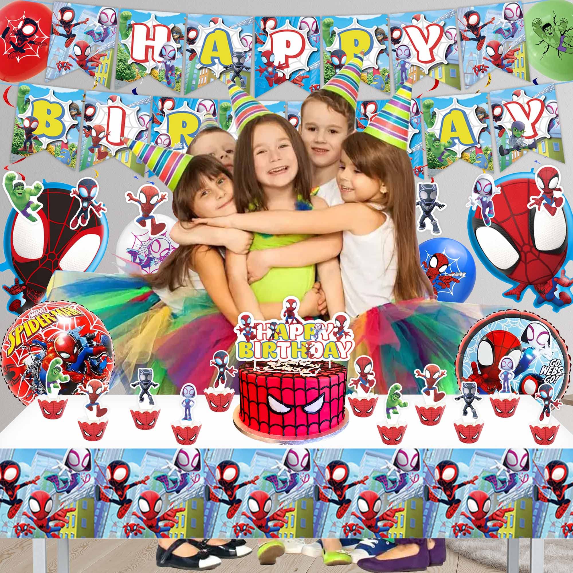 Spidey and His Amazing Friends Birthday Decorations, Spidey and Friends Party Supplies Include Banner, Foil Balloons, Cake Toppers, Tablecloth for Spidey Theme Party