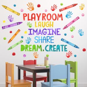 mfault playroom wall decals stickers, crayon handprint polka dots inspirational quote nursery decorations daycare art, laugh imagine share dream create toddler kids room bedroom school classroom decor