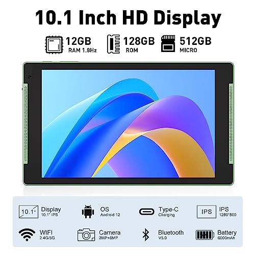 Android Tablet, 10 Inch Tablet with Stand/Glass Housing, 12GB RAM 128GB ROM with 512GB Expand Tablets, WiFi6, IPS + Touch Screen, 6000mAh Battery, Bluetooth5.0, GPS, Dual Camera (Green)