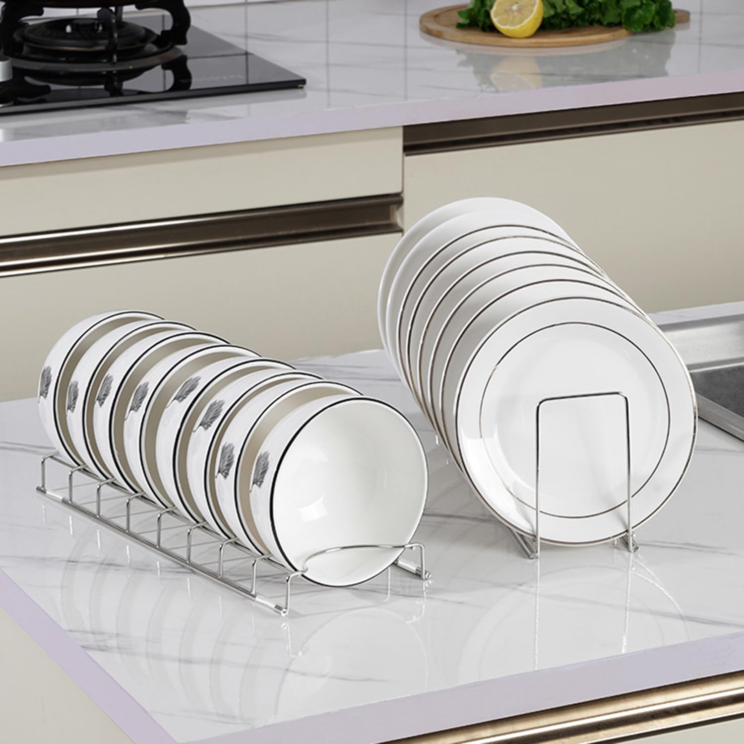 2PCS Dish Rack, Stainless Steel Small Bowl Drainer, Pot Lid Holder, Plate Organizer for Cabinet for Plates Cutting Boards, Bakeware, Cooling Racks, Pots & Pans, Chrome