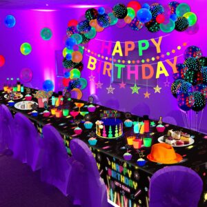 80 Pack Glow Neon Party Supplies Glow Party Decorations Black Light Reactive Decor Set - Fluorescent Banner, BlackLight Garland, Hanging Stars, Glow in The Dark Balloons, Neon Tablecloth, Cake Toppers