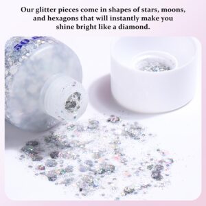 TEOYALL Long Lasting Silver Body Glitter Holographic Sparkling Cosmetic Grade Chunky Glitter for Face Hair (Silver)