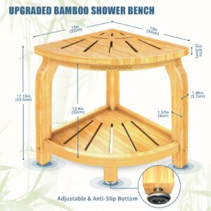 KingPavonini Bamboo Corner Shower Stool for Shaving Legs Foot Rest, Waterproof Bath Bench Seat with Storage Shelf for Bathroom Inside Shower, Hold Up to 450Lbs(Bamboo)