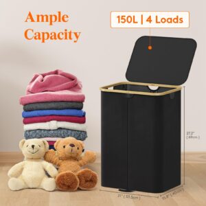 Lifewit 150L Double Laundry Hamper with Lid, Large Laundry Basket with Bamboo Handles and Removable Laundry Bags, Foldable Clothes Hampers for Laundry for Bedroom, Bathroom, Dorm, Laundry Room, Black