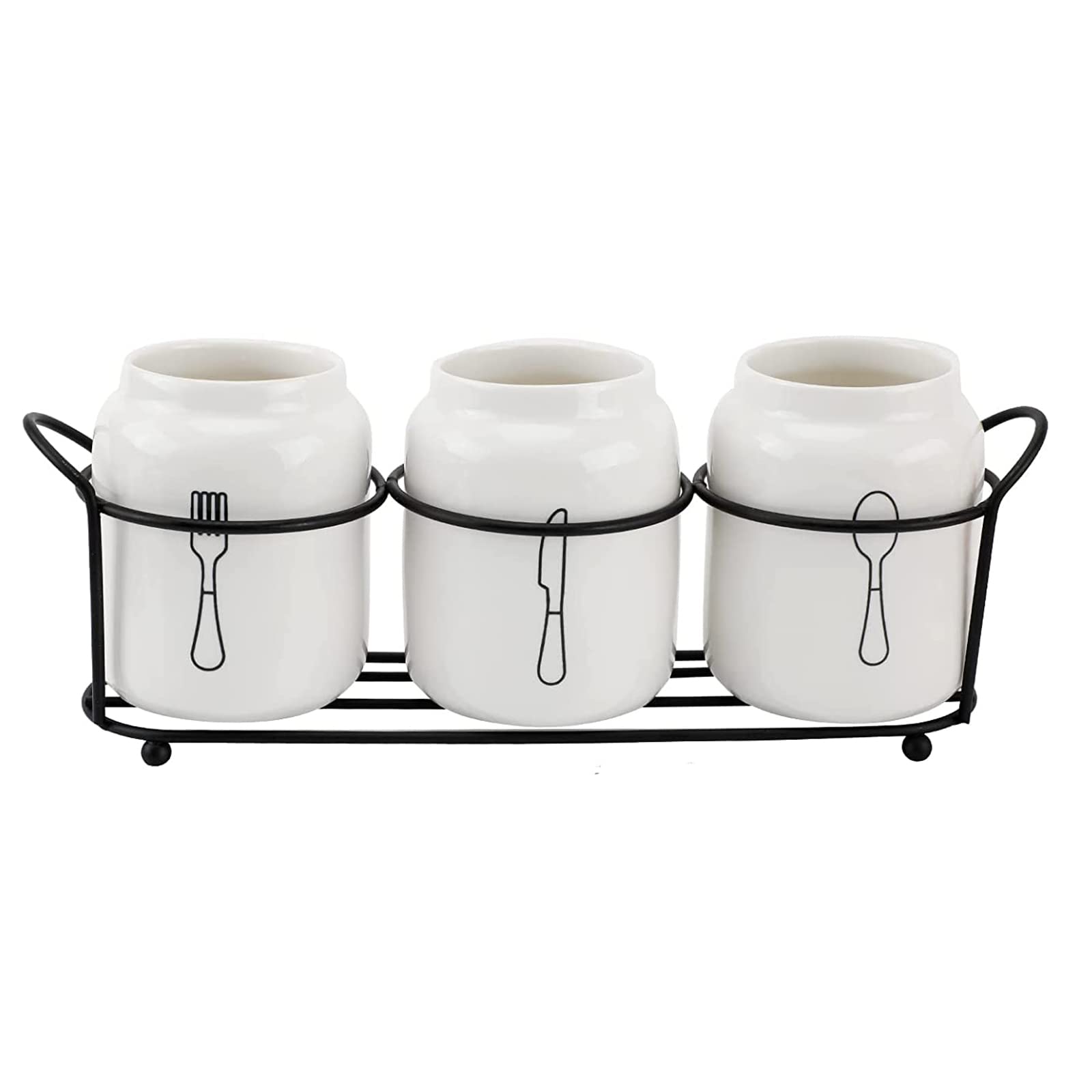 3-Piece Ceramic Silverware Caddy with Metal Rack, Cutlery Organizer Flatware Caddy for Countertop, White