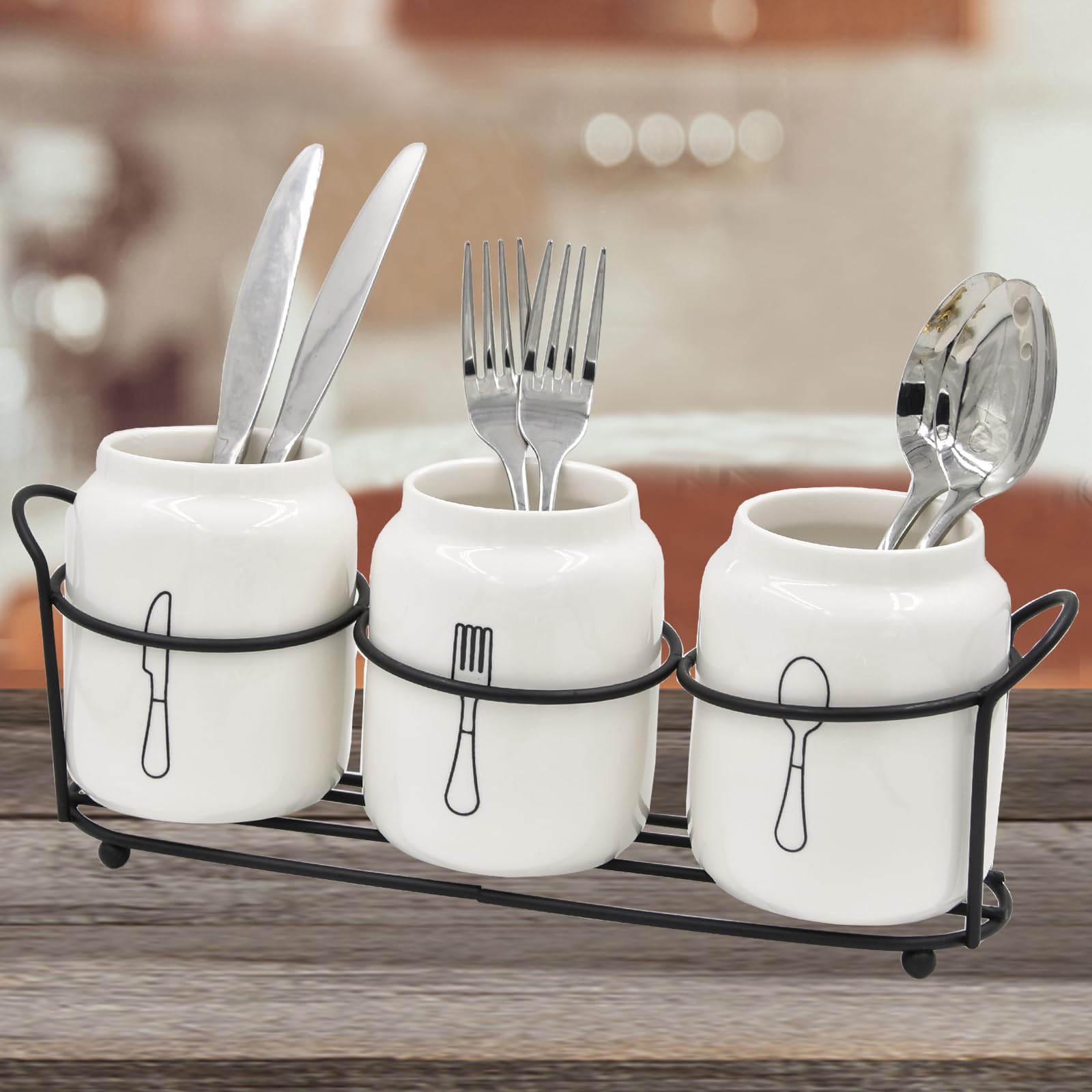 3-Piece Ceramic Silverware Caddy with Metal Rack, Cutlery Organizer Flatware Caddy for Countertop, White