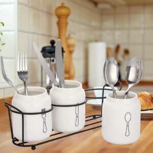 3-Piece Ceramic Silverware Caddy with Metal Rack, Cutlery Organizer Flatware Caddy for Countertop, White