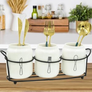 3-Piece Ceramic Silverware Caddy with Metal Rack, Cutlery Organizer Flatware Caddy for Countertop, White