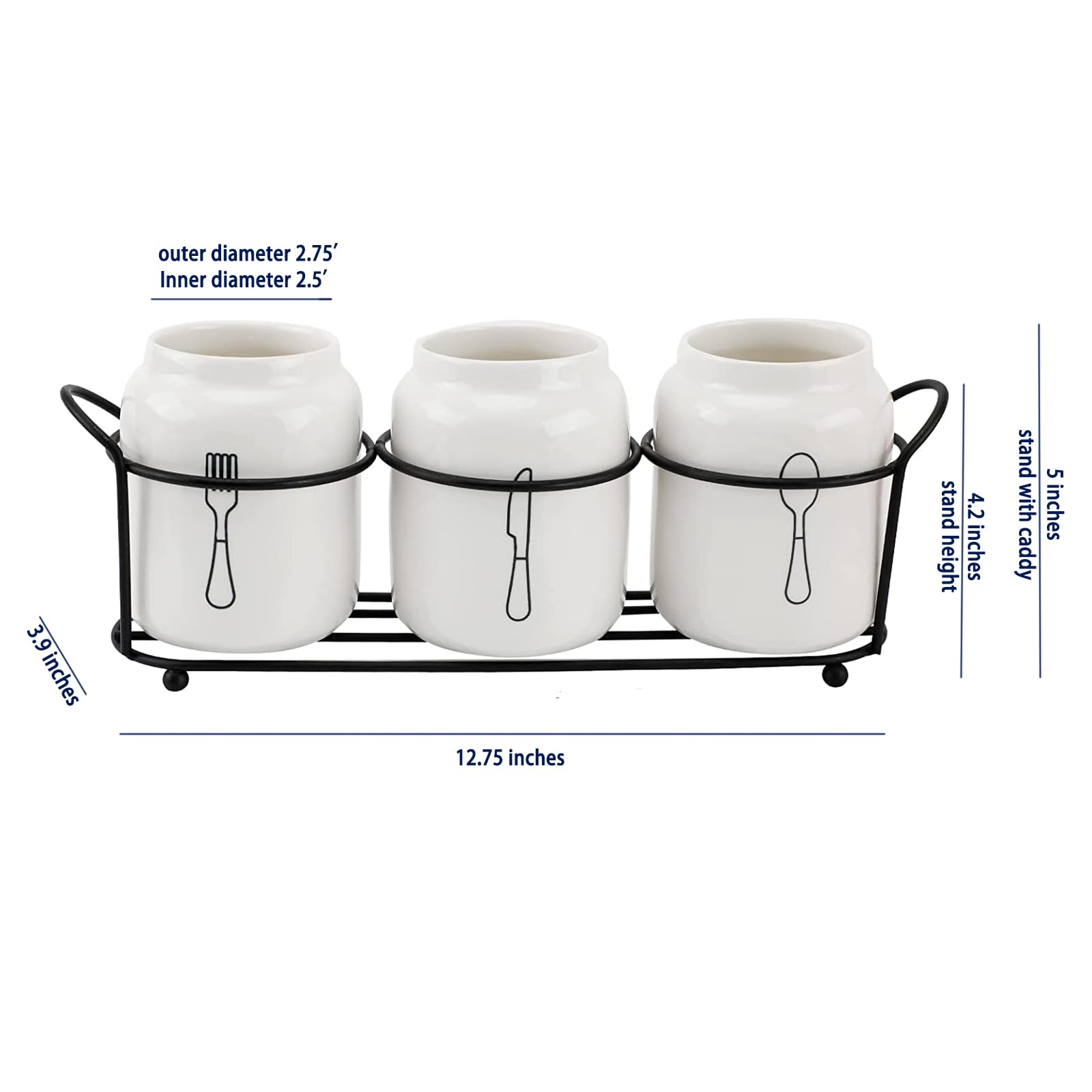 3-Piece Ceramic Silverware Caddy with Metal Rack, Cutlery Organizer Flatware Caddy for Countertop, White