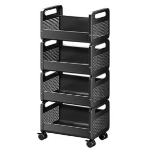 fslgwrk 4 tier rolling cart, stackable metal kitchen storage cart with wheels, black