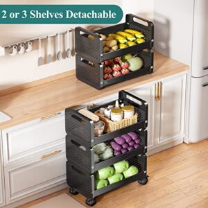 FSLGWRK 4 Tier Rolling Cart, Stackable Metal Kitchen Storage Cart with Wheels, Black