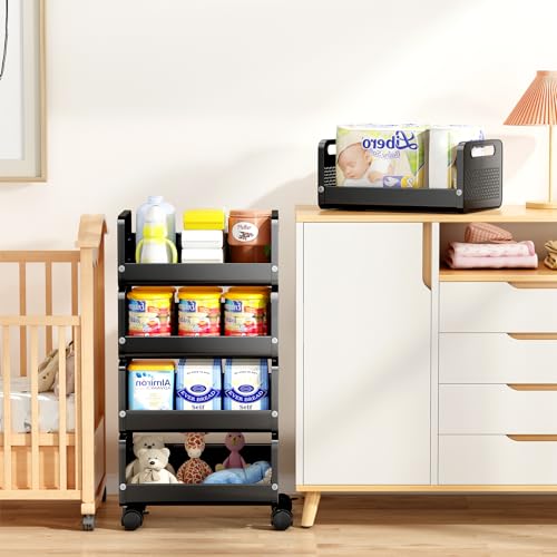 FSLGWRK 4 Tier Rolling Cart, Stackable Metal Kitchen Storage Cart with Wheels, Black