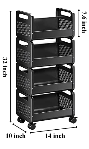 FSLGWRK 4 Tier Rolling Cart, Stackable Metal Kitchen Storage Cart with Wheels, Black