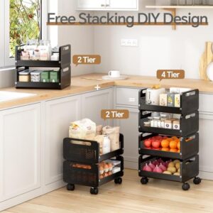 FSLGWRK 4 Tier Rolling Cart, Stackable Metal Kitchen Storage Cart with Wheels, Black