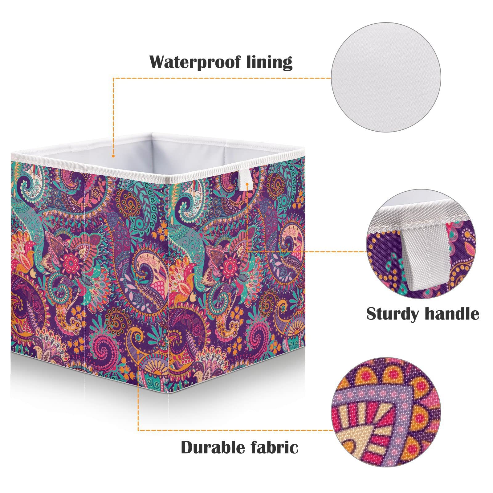 Burbuja Paisley Storage Cubes Fabric Storage Bins Foldable Closet Organizer Basket with Handle, 11x11x11 Cube