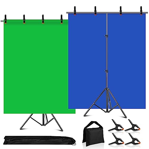 MSKIRA Blue Green Screen Backdrop with Stand Kit, 6.5 X 6.5Ft T-Shaped Adjustable Photo Backdrop Stand 2-in-1 Reversible Blue Greenscreen Background, 4 Clamps, Sandbag