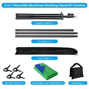 MSKIRA Blue Green Screen Backdrop with Stand Kit, 6.5 X 6.5Ft T-Shaped Adjustable Photo Backdrop Stand 2-in-1 Reversible Blue Greenscreen Background, 4 Clamps, Sandbag