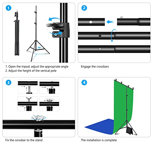 MSKIRA Blue Green Screen Backdrop with Stand Kit, 6.5 X 6.5Ft T-Shaped Adjustable Photo Backdrop Stand 2-in-1 Reversible Blue Greenscreen Background, 4 Clamps, Sandbag