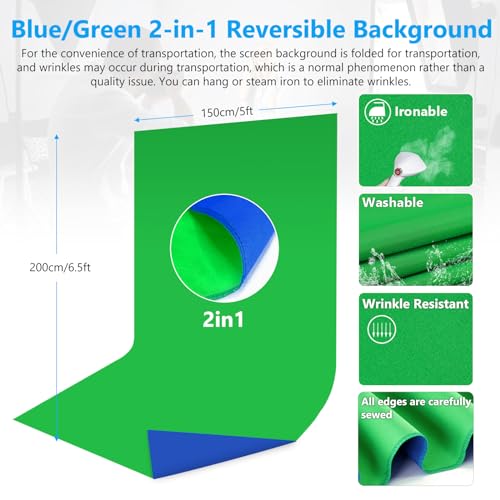 MSKIRA Blue Green Screen Backdrop with Stand Kit, 6.5 X 6.5Ft T-Shaped Adjustable Photo Backdrop Stand 2-in-1 Reversible Blue Greenscreen Background, 4 Clamps, Sandbag