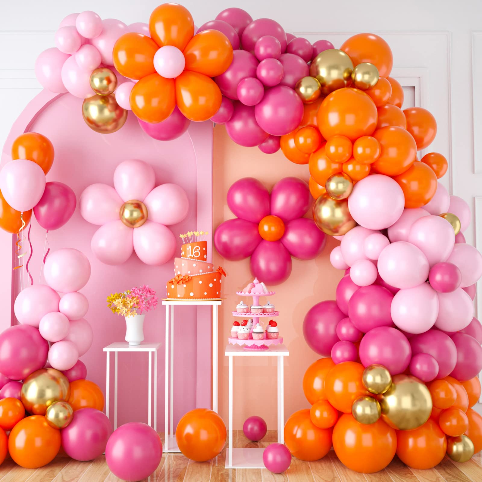 Pink Orange Balloon Garland, Daisy Balloon Arch with Metallic Gold Party Flower Balloons For Birthday Baby Shower Wedding Groovy Theme Decorations