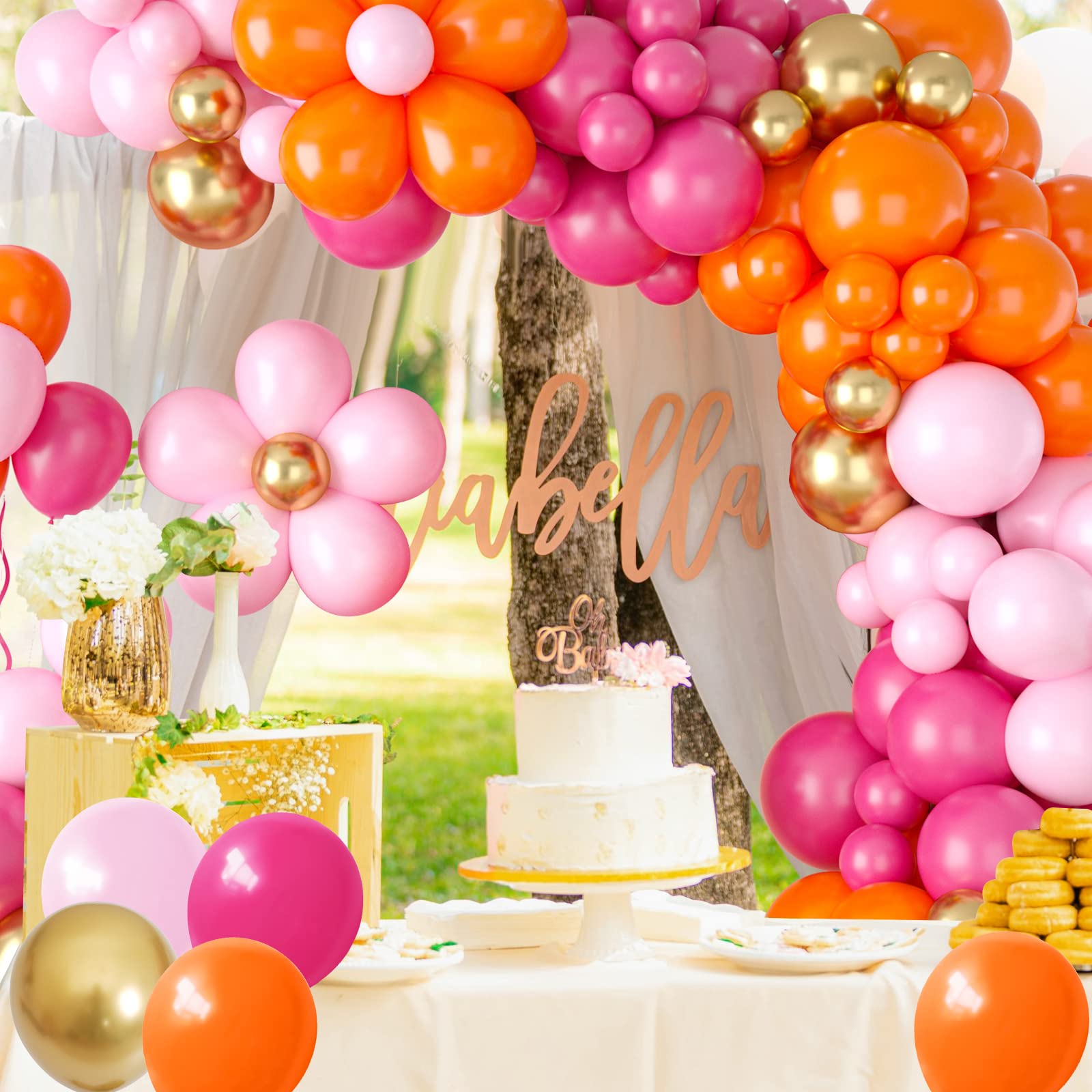 Pink Orange Balloon Garland, Daisy Balloon Arch with Metallic Gold Party Flower Balloons For Birthday Baby Shower Wedding Groovy Theme Decorations