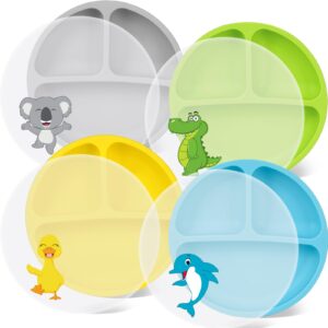 toddler plates with lids, bpa free suction plates for toddlers, 100% food-grade silicone baby plates 4 pack, unbreakable kids plates, divided design, microwave & dishwasher safe