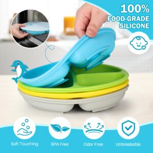 Toddler Plates with Lids, BPA Free Suction Plates for Toddlers, 100% Food-Grade Silicone Baby Plates 4 Pack, Unbreakable Kids Plates, Divided Design, Microwave & Dishwasher Safe