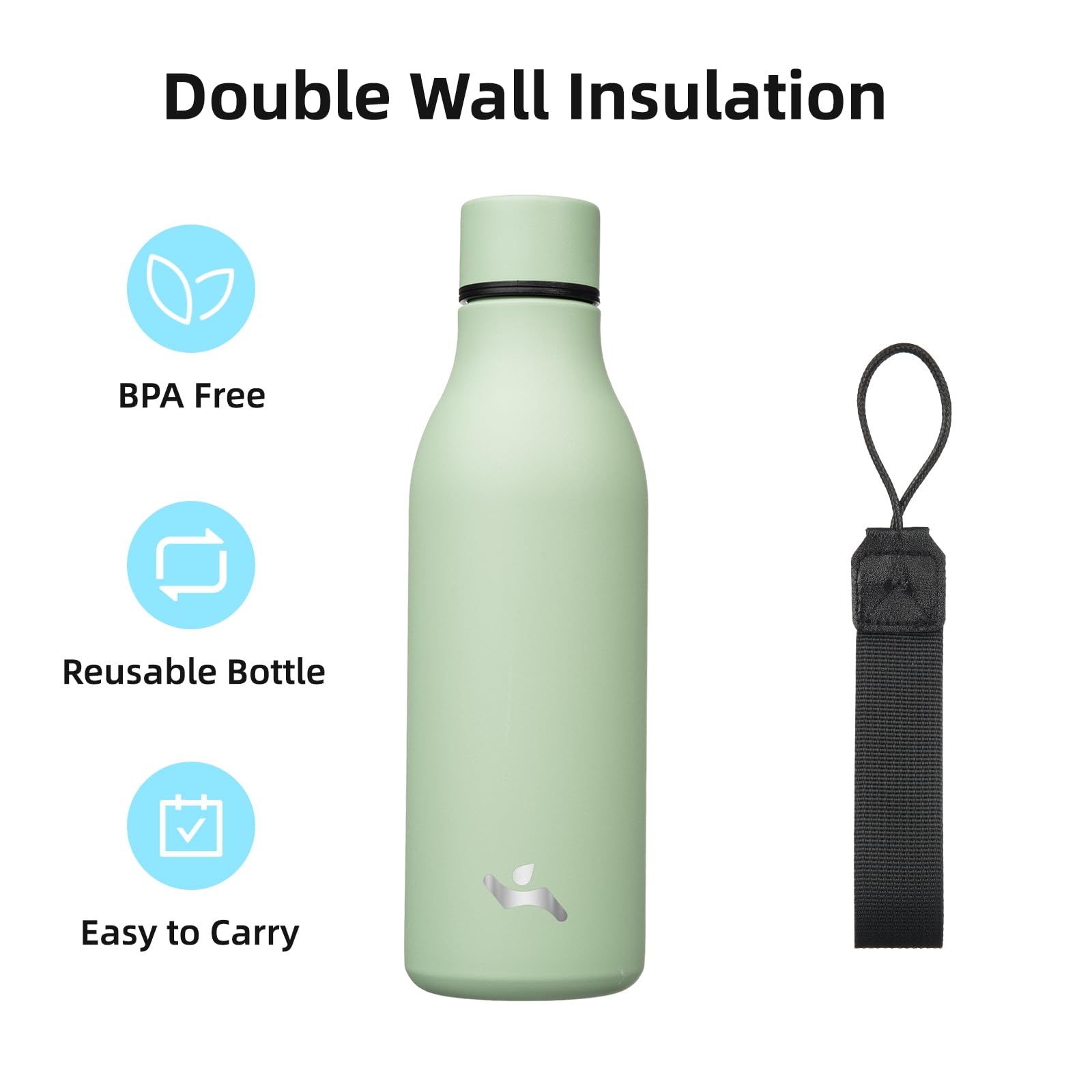 Konokyo Insulated Water Bottle with Strap,18oz Double Wall Stainless Steel Vacuum Bottles Metal Water Flask,Macaron Green