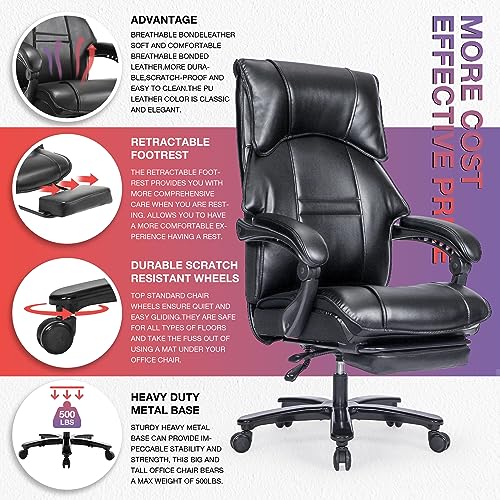 Bosmiller 500lbs Big and Tall Office Chair Wide Seat for Heavy People with Quiet Wheels Heavy Duty Metal Base High Back Larger Size PU Leather Executive Office Chair with Footrest Back Reclining