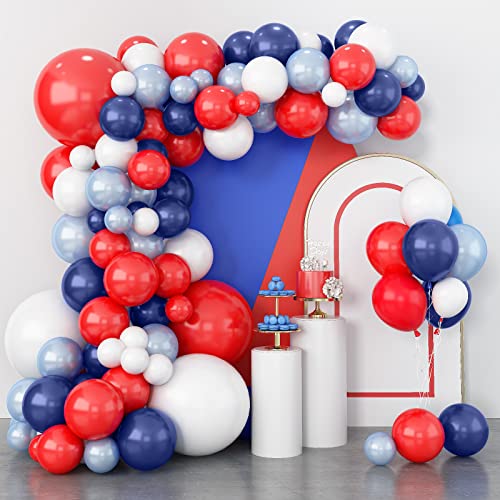 Red Blue White Balloons Garland Arch Kit Navy Blue Pearl Light Blue Red White Latex Balloon for Superhero Birthday Baseball Party Supplies Nautical Britain Sporting Events National Day Decoration