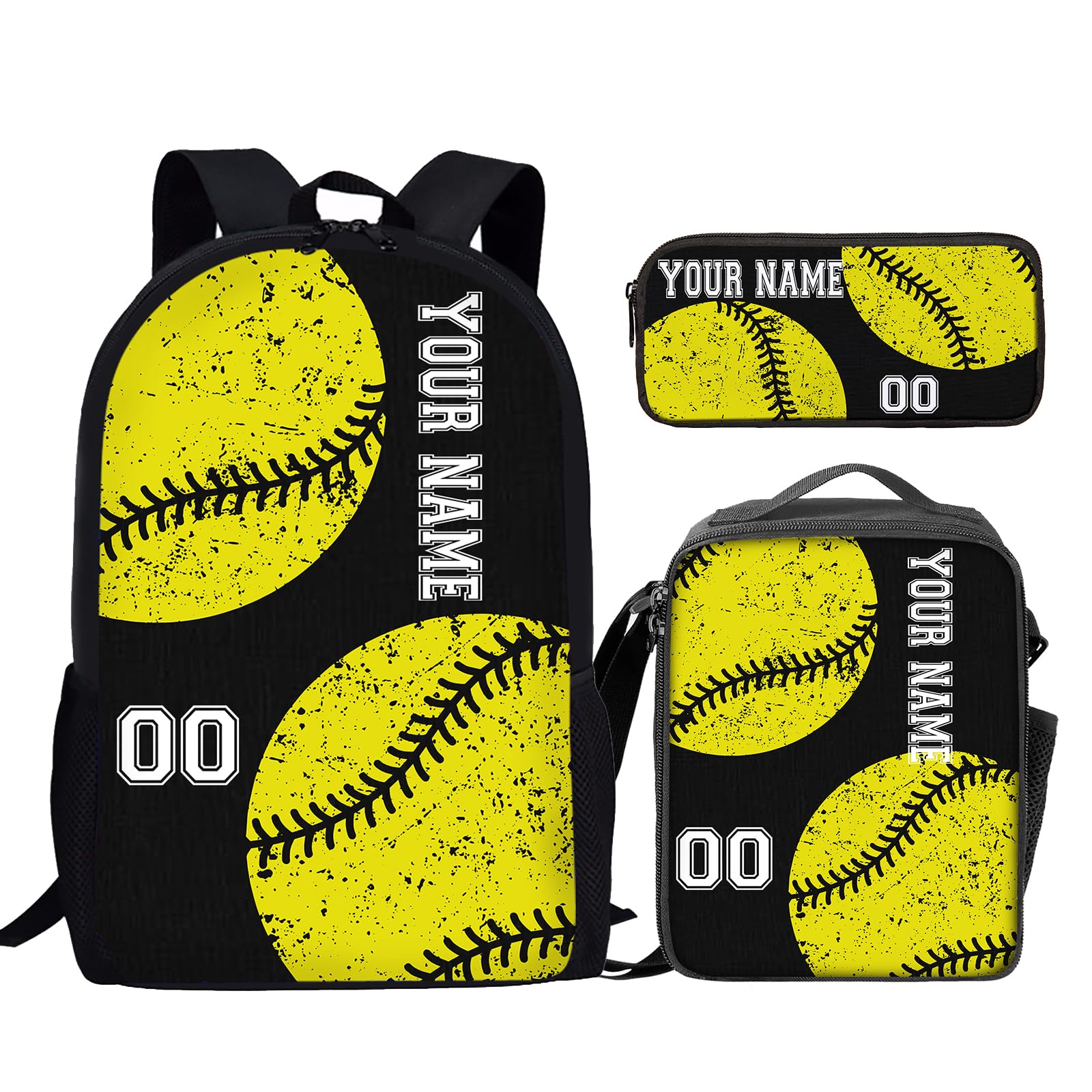 Howilath Custom Baseball Pattern Black School Backpack Set for Teen Boys Girls, Colorful 17 Inch Bookbag Lunch Box with Pencil Case