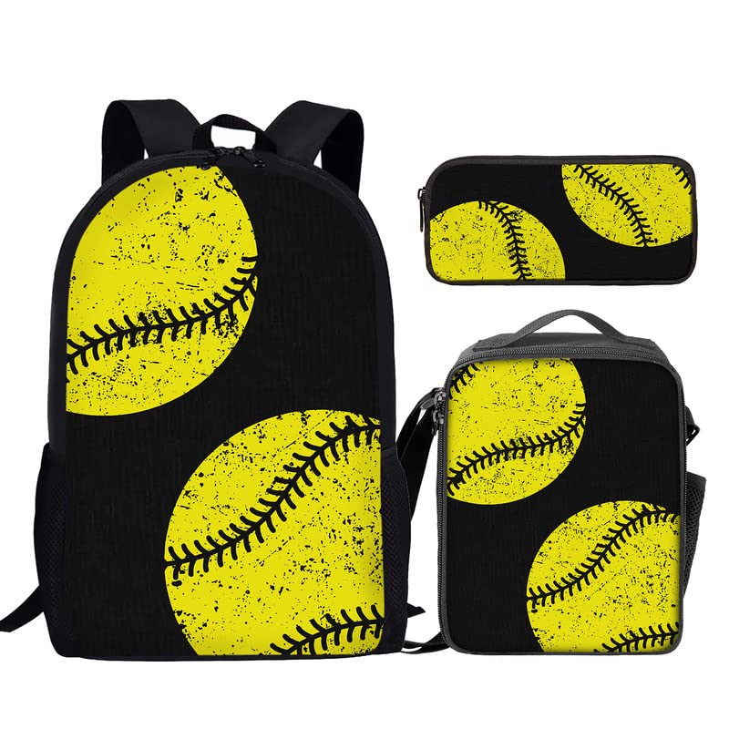 Howilath Custom Baseball Pattern Black School Backpack Set for Teen Boys Girls, Colorful 17 Inch Bookbag Lunch Box with Pencil Case