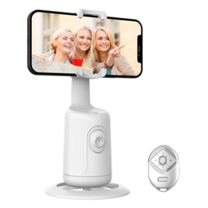 auto face tracking phone holder with remote, 360°rotation following face body smart shooting tracking tripod smartphone camera stand for live vlog,tiktok,rechargeable battery,no app, white