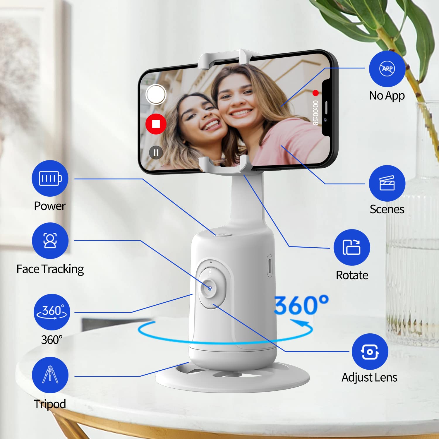 Auto Face Tracking Phone Holder with Remote, 360°Rotation Following Face Body Smart Shooting Tracking Tripod Smartphone Camera Stand for Live Vlog,Tiktok,Rechargeable Battery,No App, White