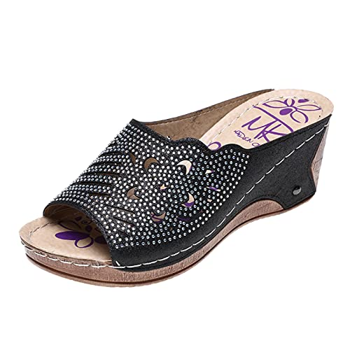 USYFAKGH Sandals For Women Flip Flop Sandals Ladies Fashion Summer Rhinestone Cutout Platform Wedge Open Toe Sandals