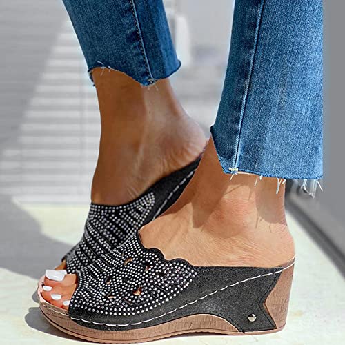 USYFAKGH Sandals For Women Flip Flop Sandals Ladies Fashion Summer Rhinestone Cutout Platform Wedge Open Toe Sandals