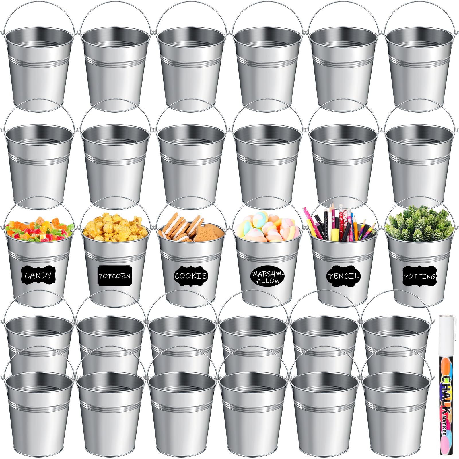 Rtteri 30 Pcs Small Galvanized Metal Buckets Bulk 5 X 4.5 Inches with Chalkboard Labels and Dry Erase Pen Snack Baskets for Wedding Decorations, Garden Planters, Party