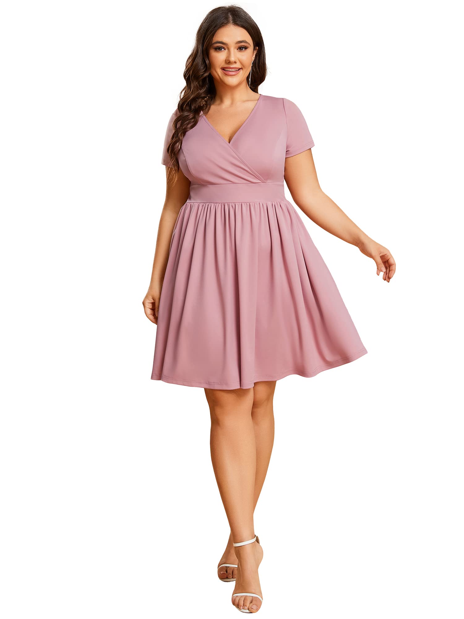 Ever-Pretty Summer Mini A-Lline Short Sleeves A-Line Curve Dresses for Women 2023 Dusty Rose L