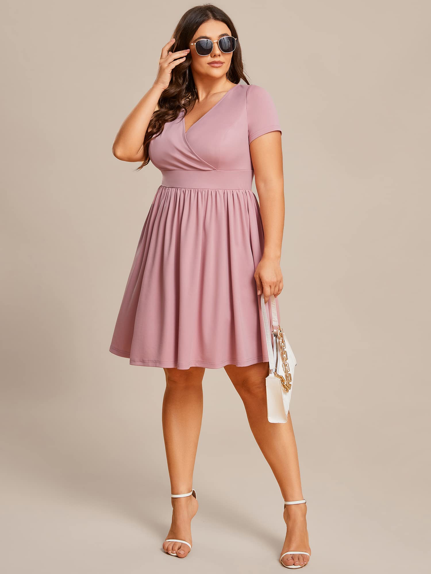 Ever-Pretty Summer Mini A-Lline Short Sleeves A-Line Curve Dresses for Women 2023 Dusty Rose L