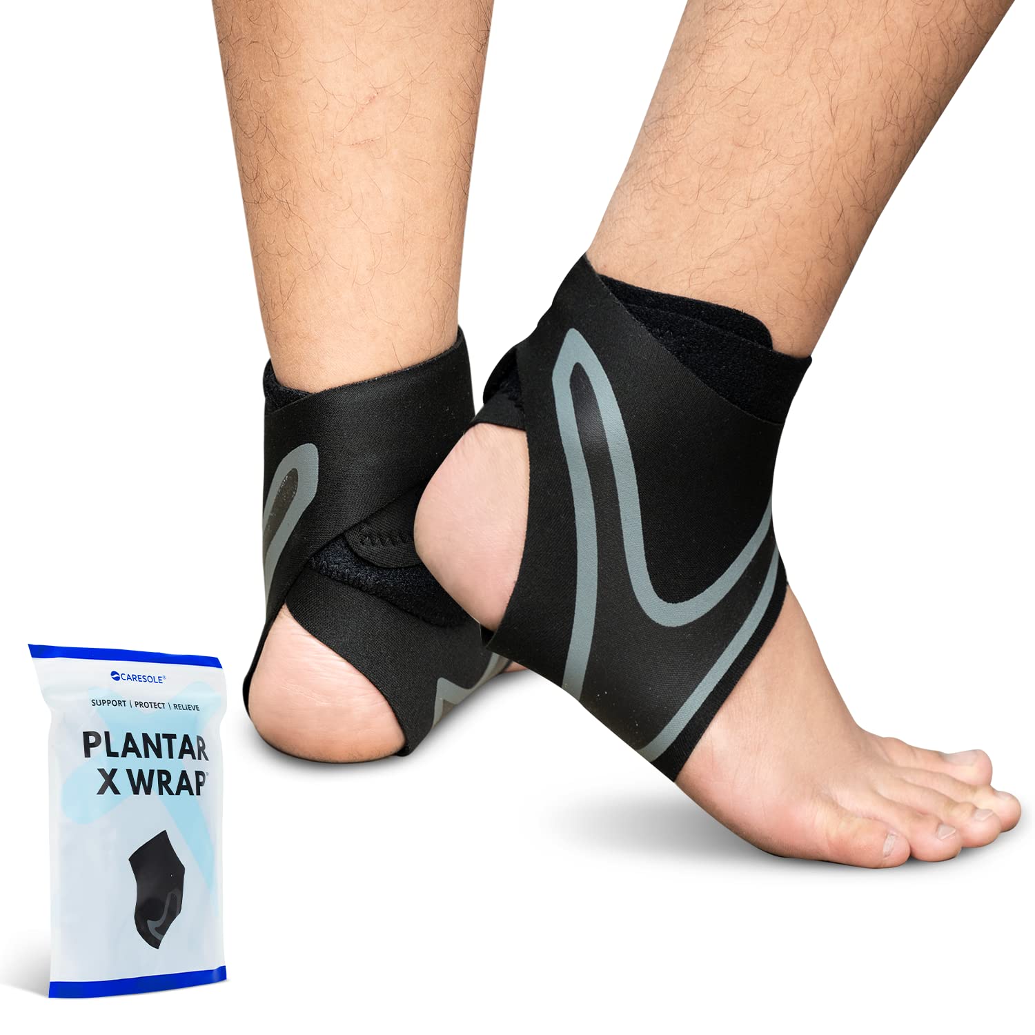 CARESOLE Plantar X Wrap - (Large Size) Compression Ankle Support for Men Women, Breathable Neoprene Foot Sleeve | Sore Feet, Arch Heel Spur Relief | Running, Exercise, Basketball, Medium Size (Black)