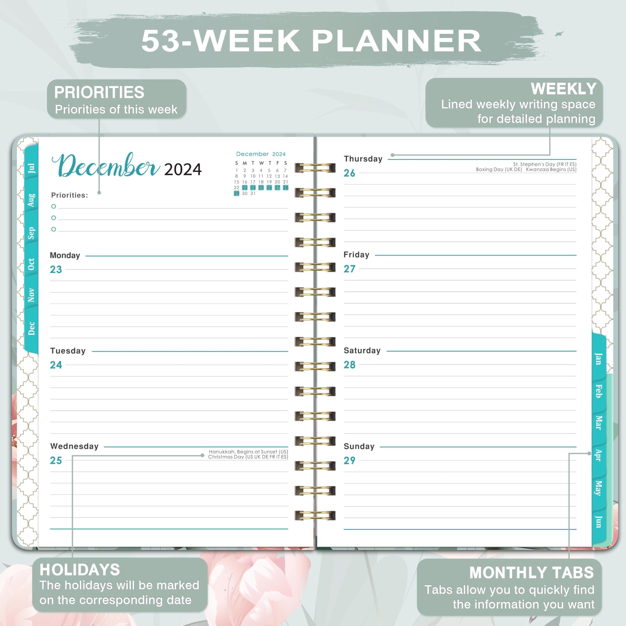 2024-2025 Planner - Planenr 2024-2025, July 2024 - June 2025, 2024-2025 planner weekly and monthly with Tabs, 6.4" x 8.5", Hardcover with Back Pocket + Thick Paper + Twin-Wire Binding - Green