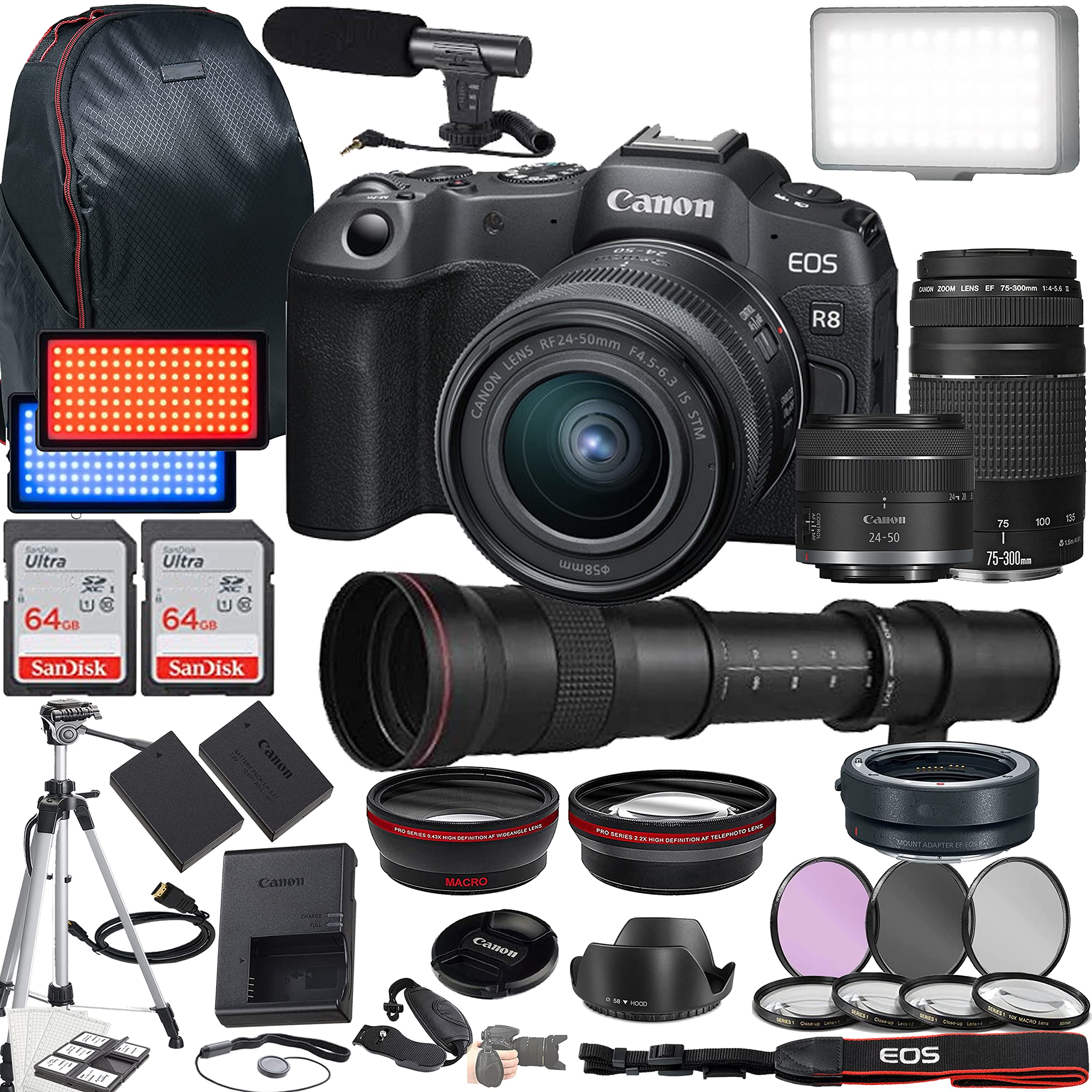 Canon EOS R8 Mirrorless Camera w/RF 24-50mm f/4.5-6.3 is STM Lens + EF 75-300mm f/4-5.6 III Lens + 420-800mm f/8.3 HD Lens + 2X 64GB Memory + Case + Microphone + LED Video Light + More (35pc Bundle)