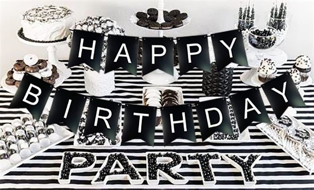 Black Happy Birthday Banner, Black Happy Birthday Bunting Banner with White Letters Birthday Party Decoration Supplies