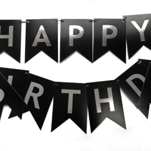 Runhiskii Black Happy Birthday Banner, Durable Happy Birthday Sign with White Silver Letters for Birthday Party Decorations